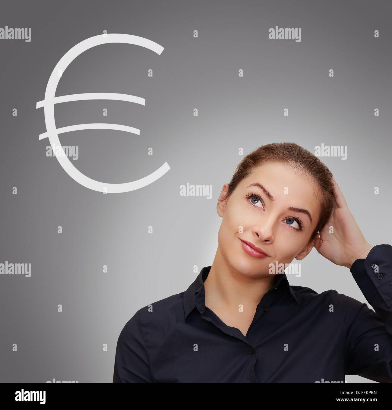 Business woman thinking about money with euro sign near her on grey ...