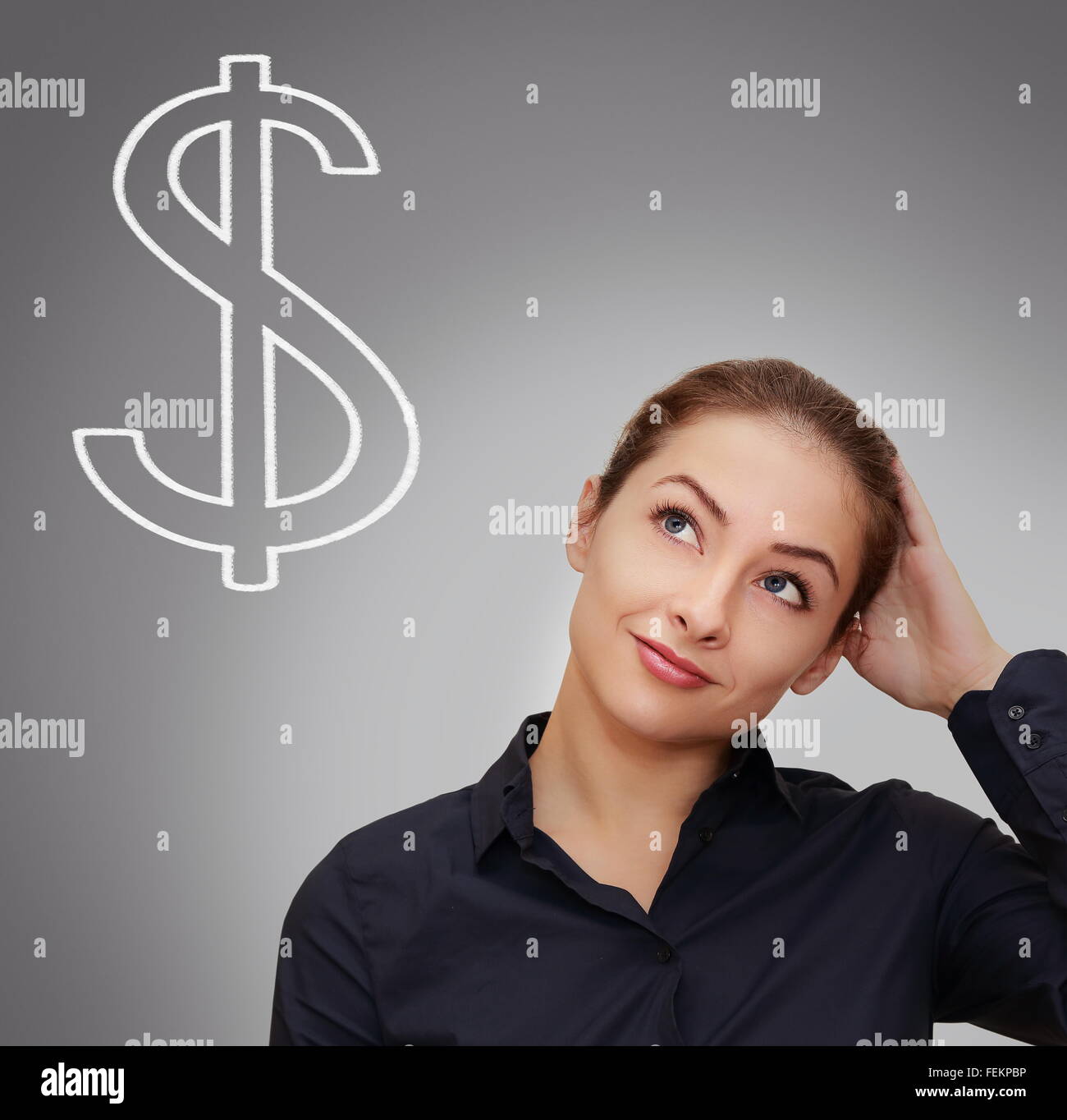 Business woman thinking about money with dollar sign near her on grey ...