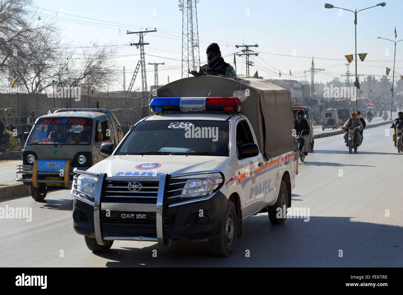 Quetta. 8th Feb, 2016. A police car patrols in southwest Pakistan's ...