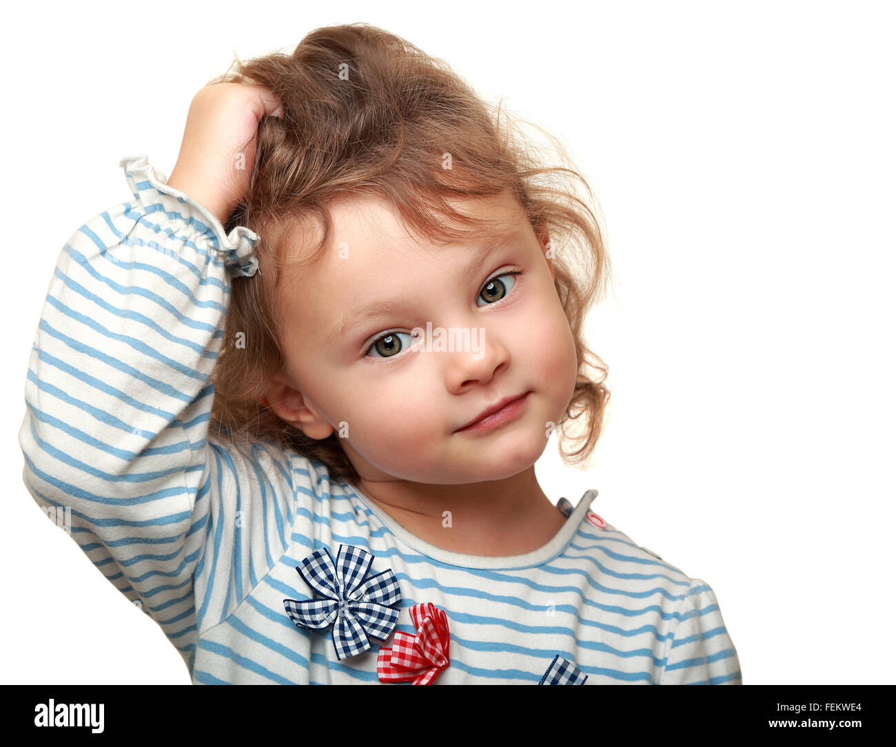 Thinking beautiful girl looking in camera. Closeup isolated portrait ...