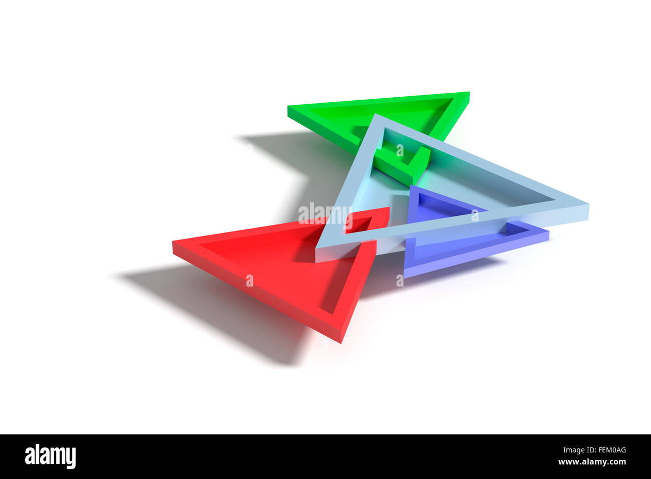 3D rendering of four colorful three-dimensional triangles crossing each ...