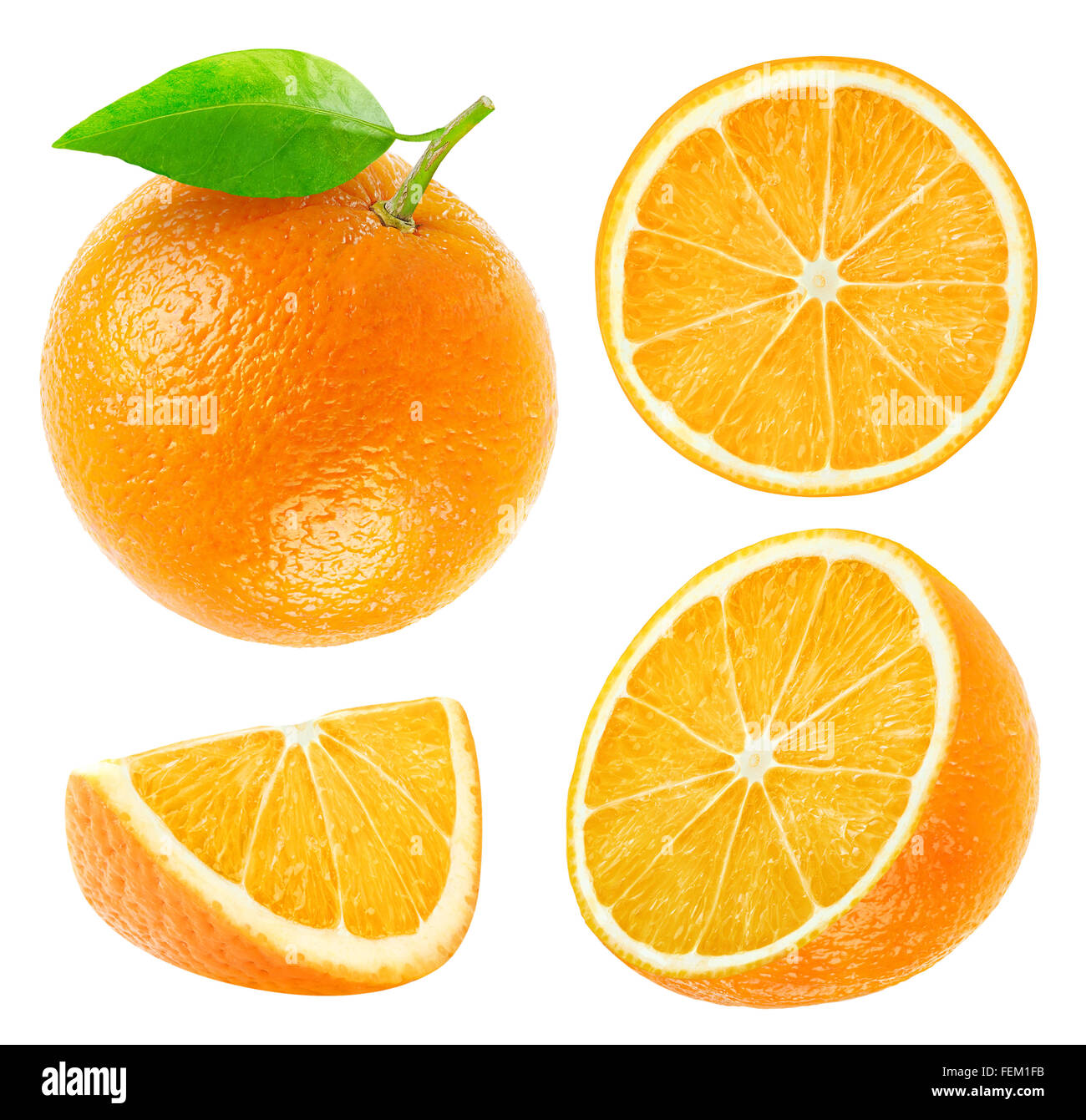 Collection of whole and cut oranges isolated on wihte with clipping ...