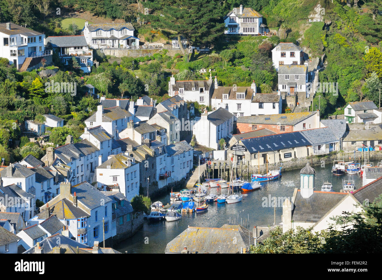 Elevated view over Polperro harbour, Cornwall, England, UK Stock Photo ...