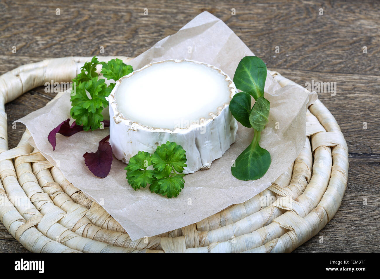 Goat cheese with white mold served parsley leaves Stock Photo - Alamy