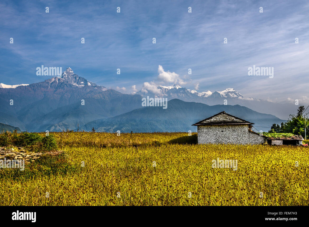 Himalaya mountains and old stone cabin near Pokhara in Nepal Stock ...