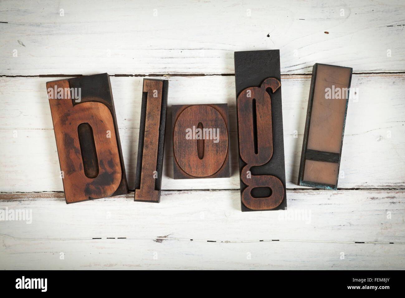 blog, word written with vintage letterpress printing blocks on white ...