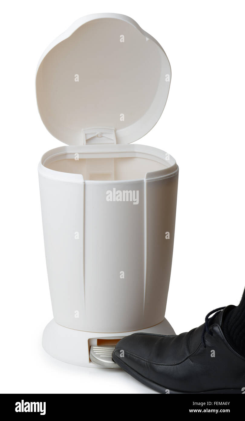 foot opening a pedal bin isolated on a white background Stock Photo - Alamy