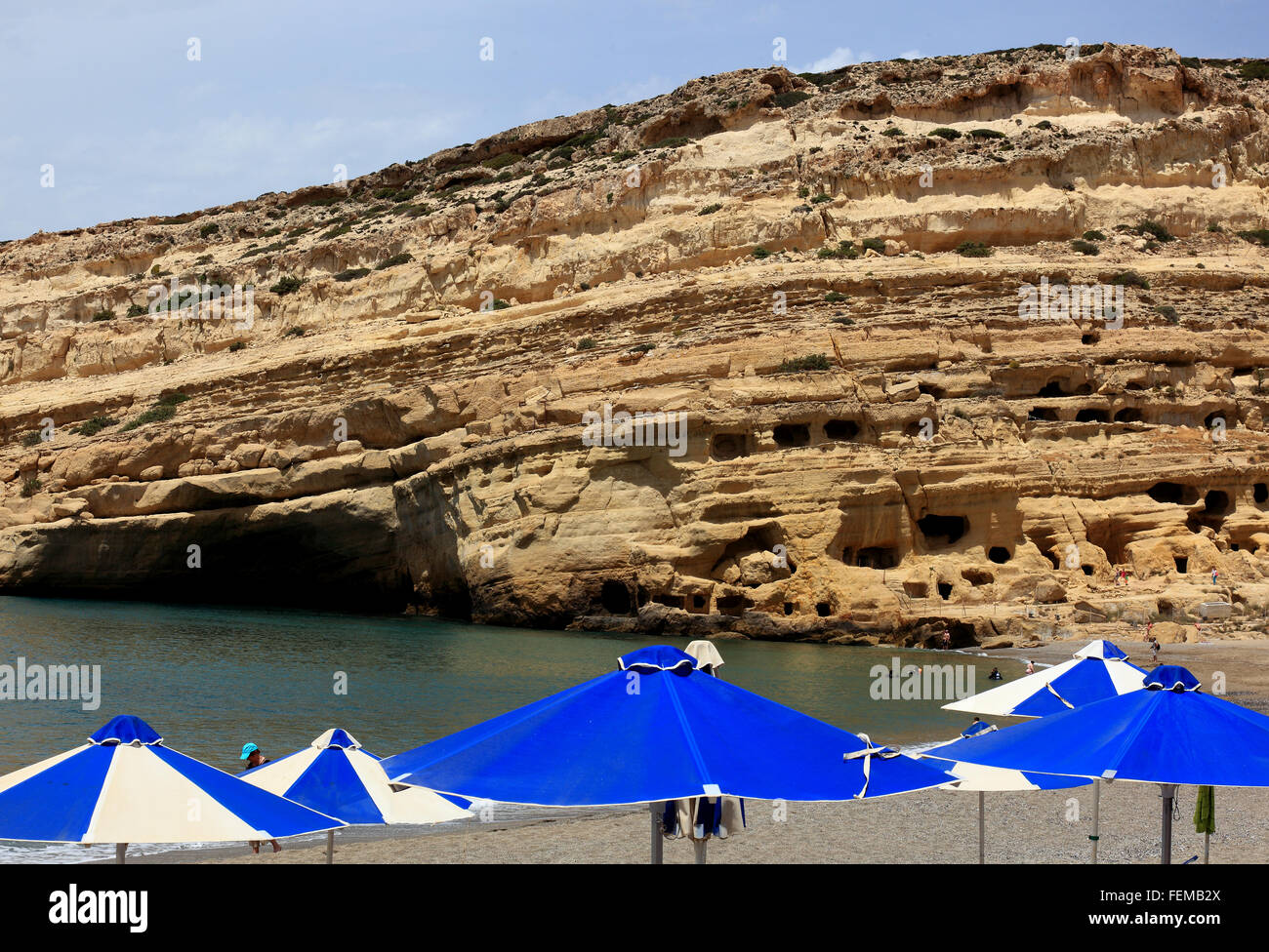 Crete, Matala, sandstone rock with caves in the bay of Messara and ...