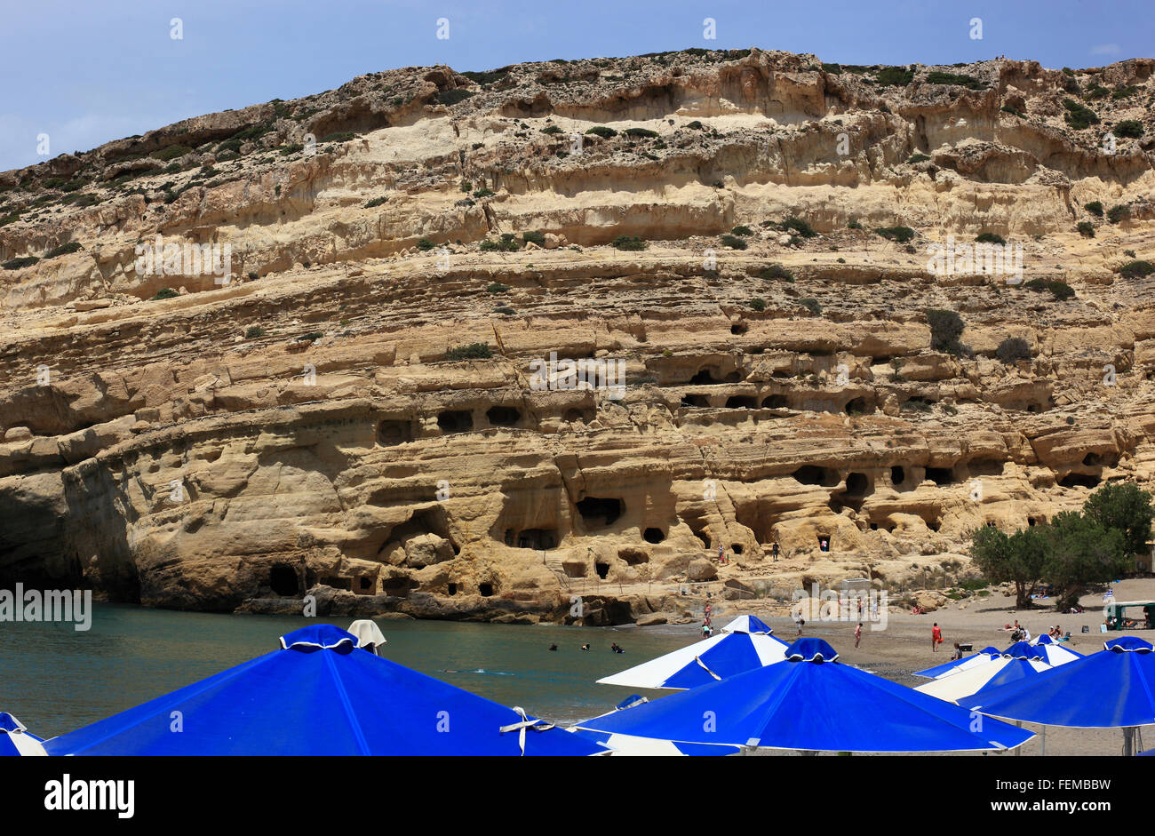 Crete, Matala, sandstone rock with caves in the bay of Messara and ...