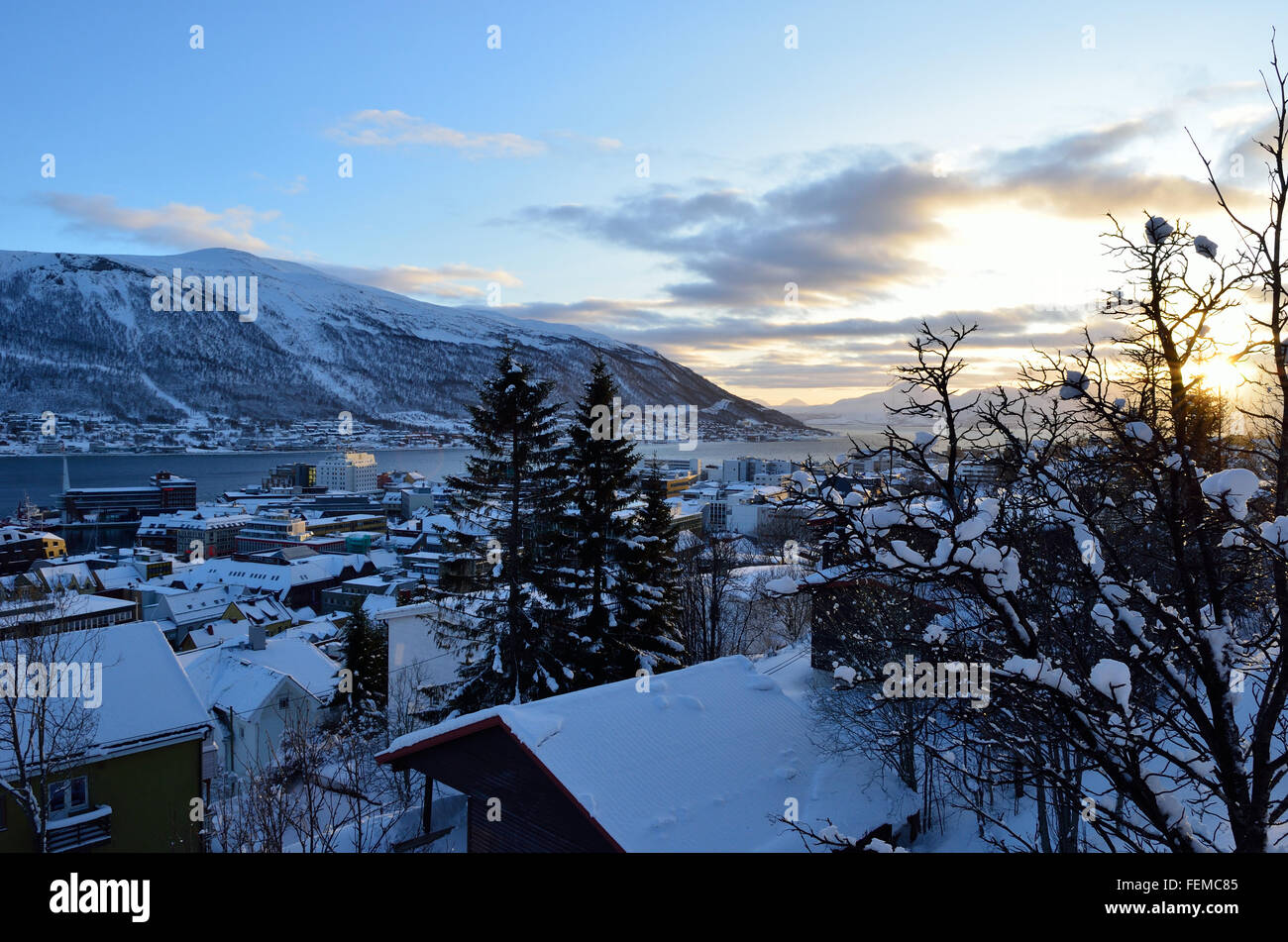tromso city in wintertime with snow and sunshine overview photo ...