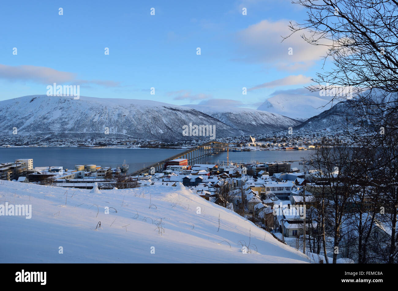 tromso city in wintertime with snow and sunshine overview photo ...