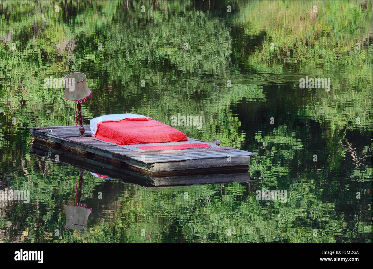 A double bed floating on a lake in the forest, perfect nights sleep ...