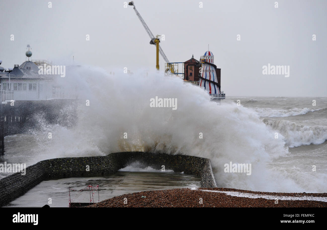 Brighton, UK. 8th February, 2016. UK Weather: Huge waves break over ...