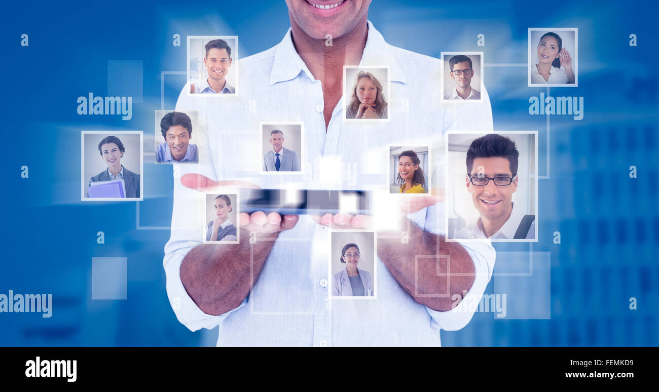 Composite image of portrait of smiling man showing tablet computer ...
