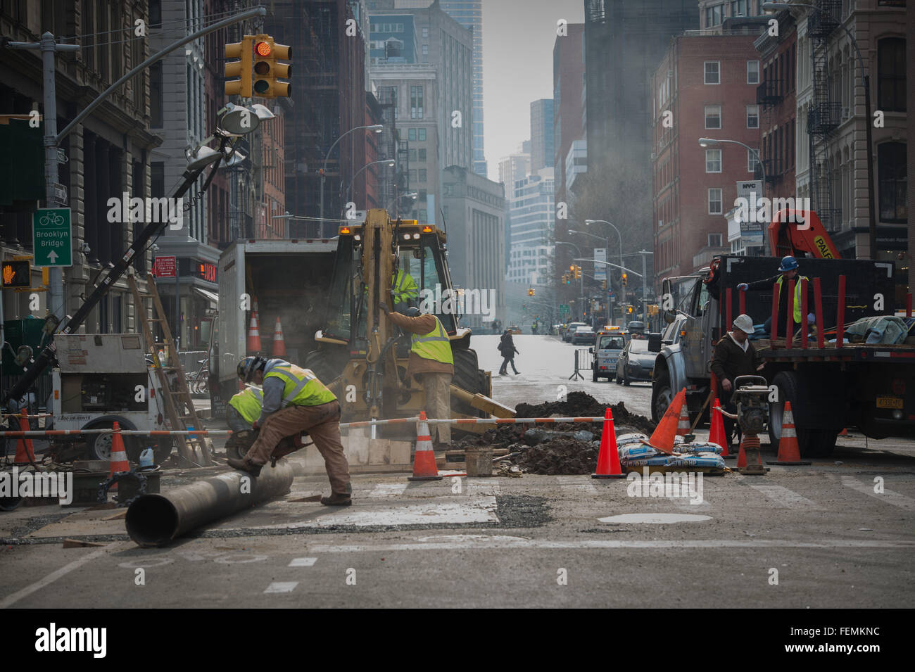New York, NY, USA. 7th Feb, 2016. Construction workers make repairs on ...