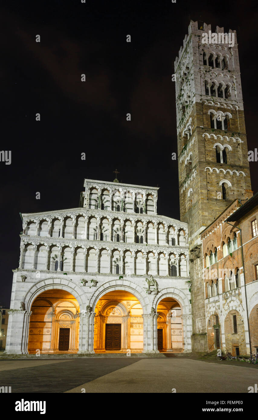 Lucca (Tuscany, central Italy) city night view. The facade and bell ...