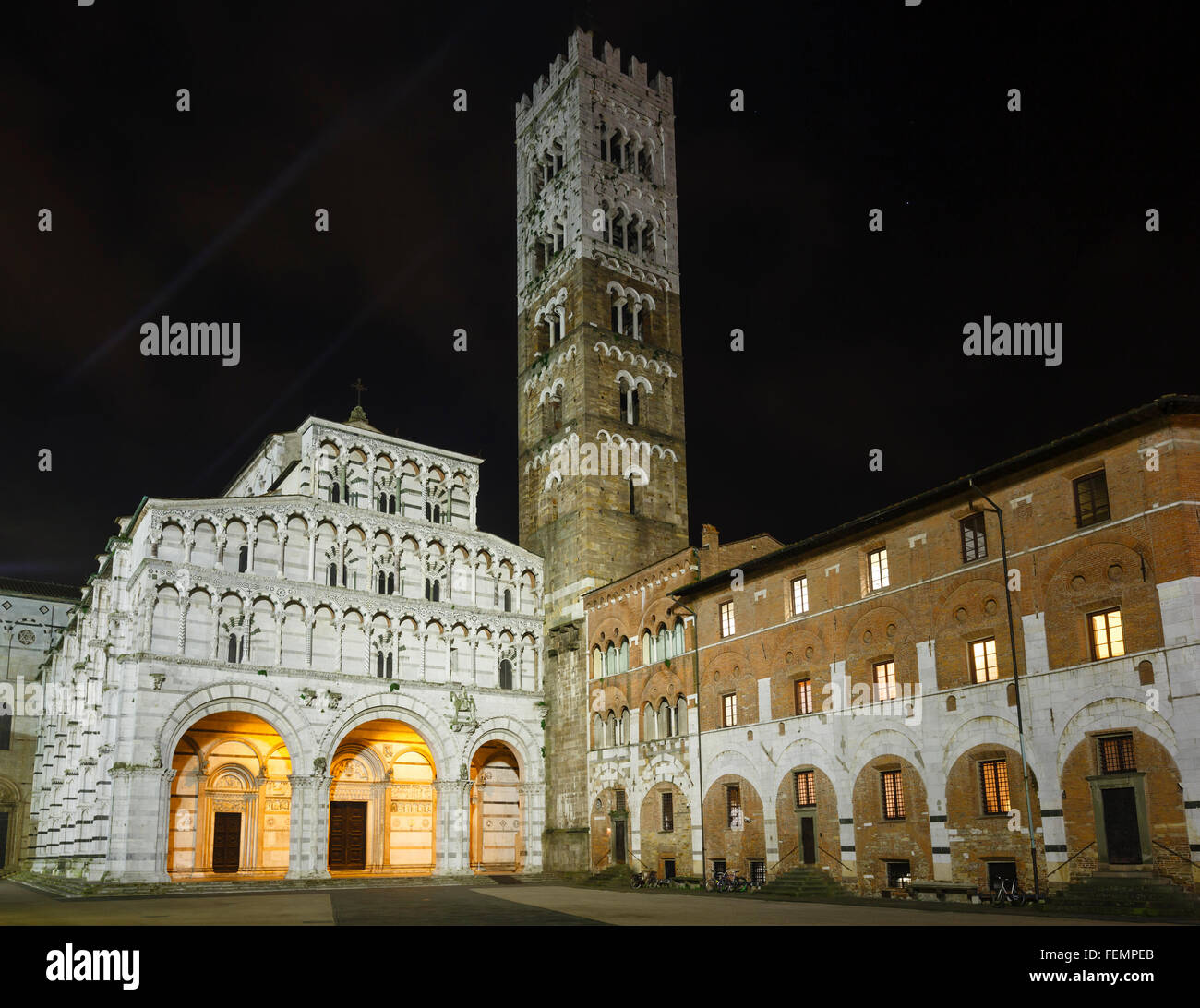 Lucca (Tuscany, central Italy) city night view. The facade and bell ...