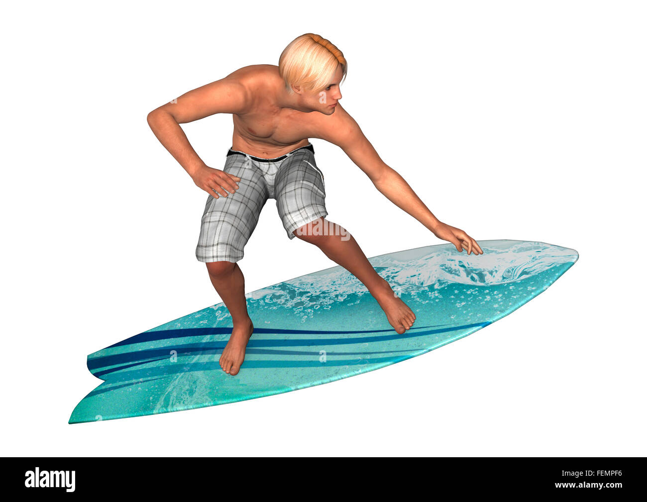 3D digital render of a male handsome surfer isolated on white ...