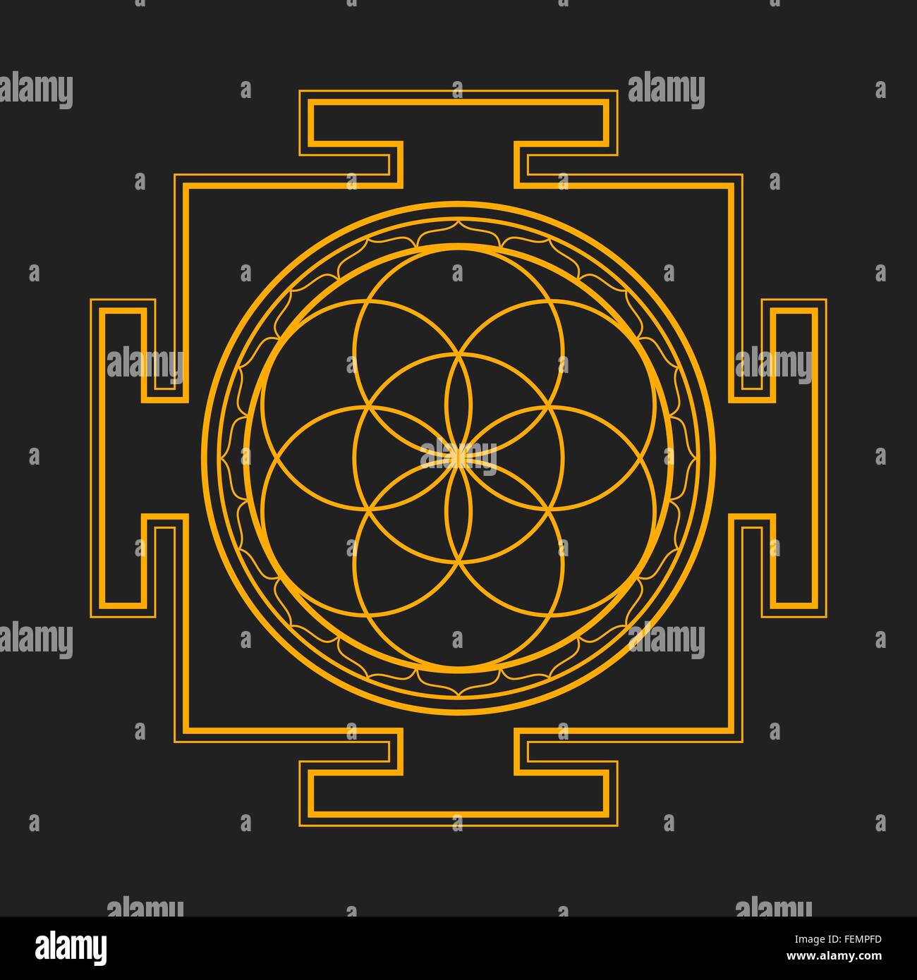 vector gold orange outline hinduism seed of life yantra illustration ...