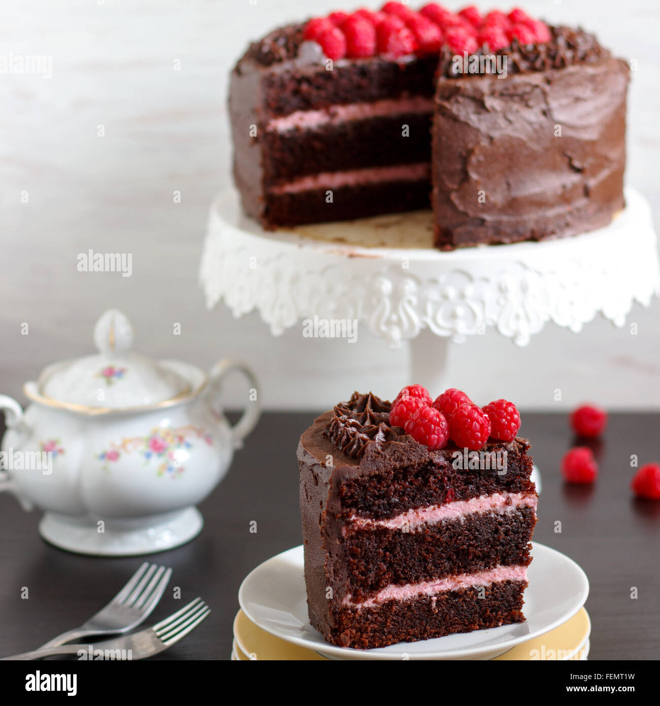 Chocolate Cake with Raspberries Stock Photo - Alamy