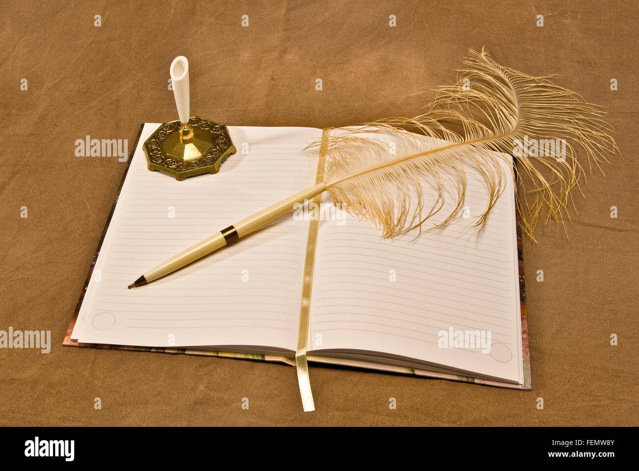 Feathered Pen Lying On Blank Open Journal Stock Photo - Alamy