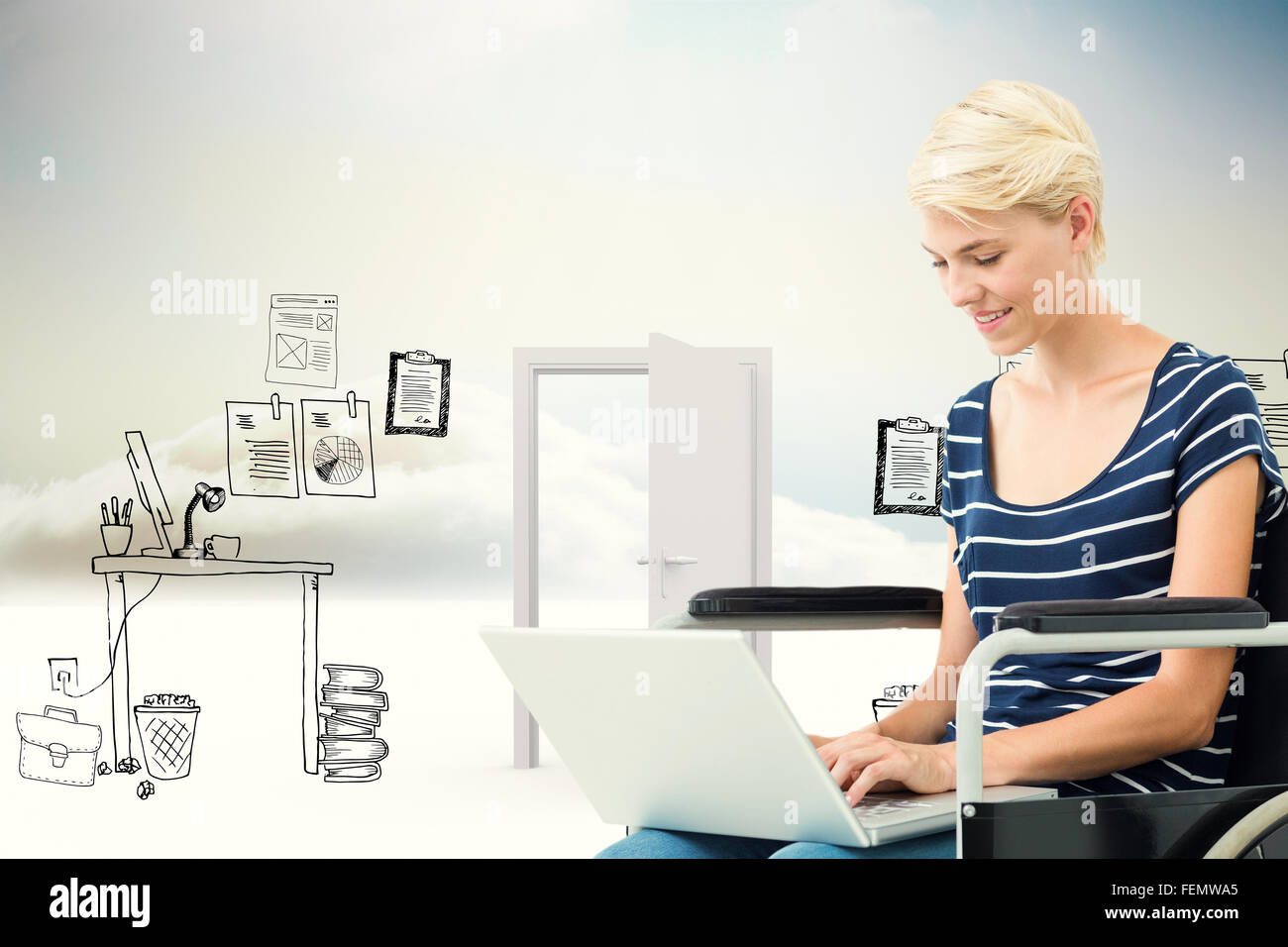 Composite image of woman in wheelchair using computer Stock Photo - Alamy