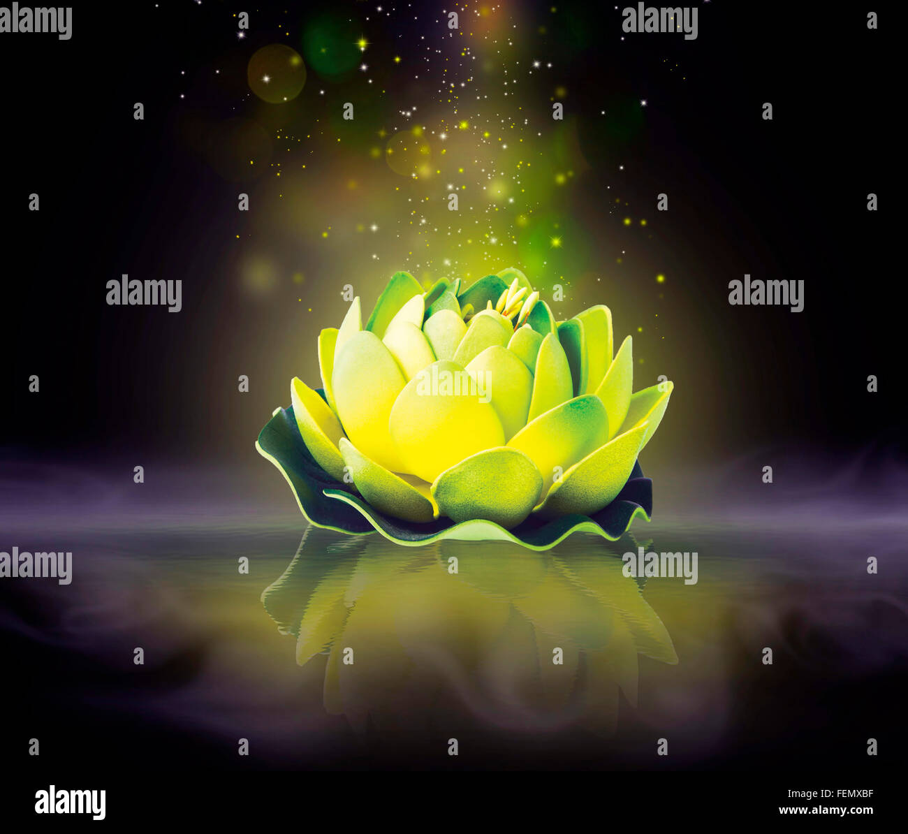 Dreamy magic lotus flower with sparkle in the water Stock Photo - Alamy
