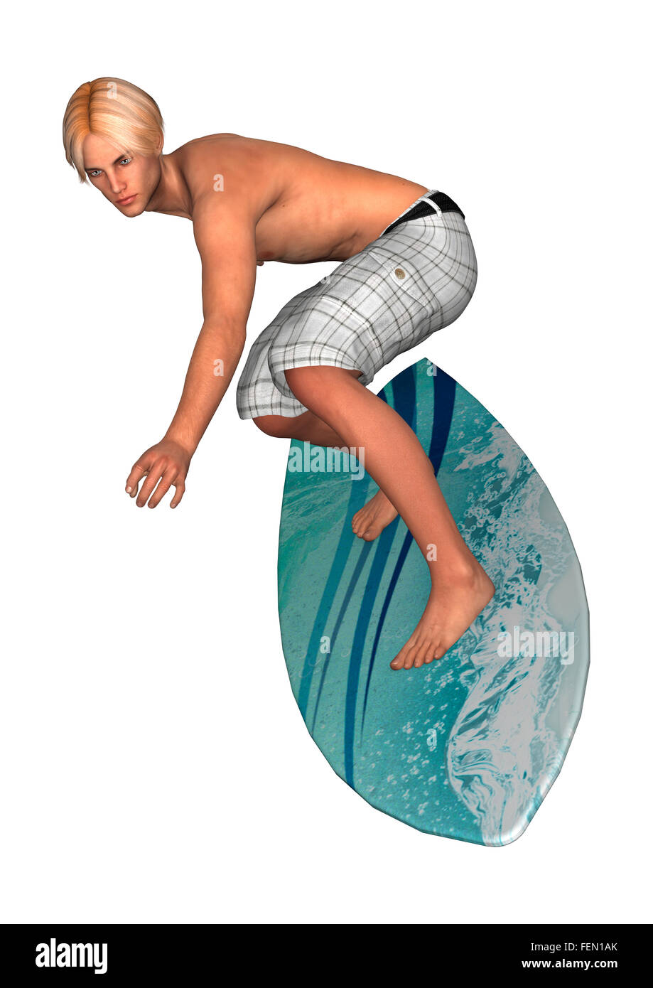 3D digital render of a male handsome surfer isolated on white ...
