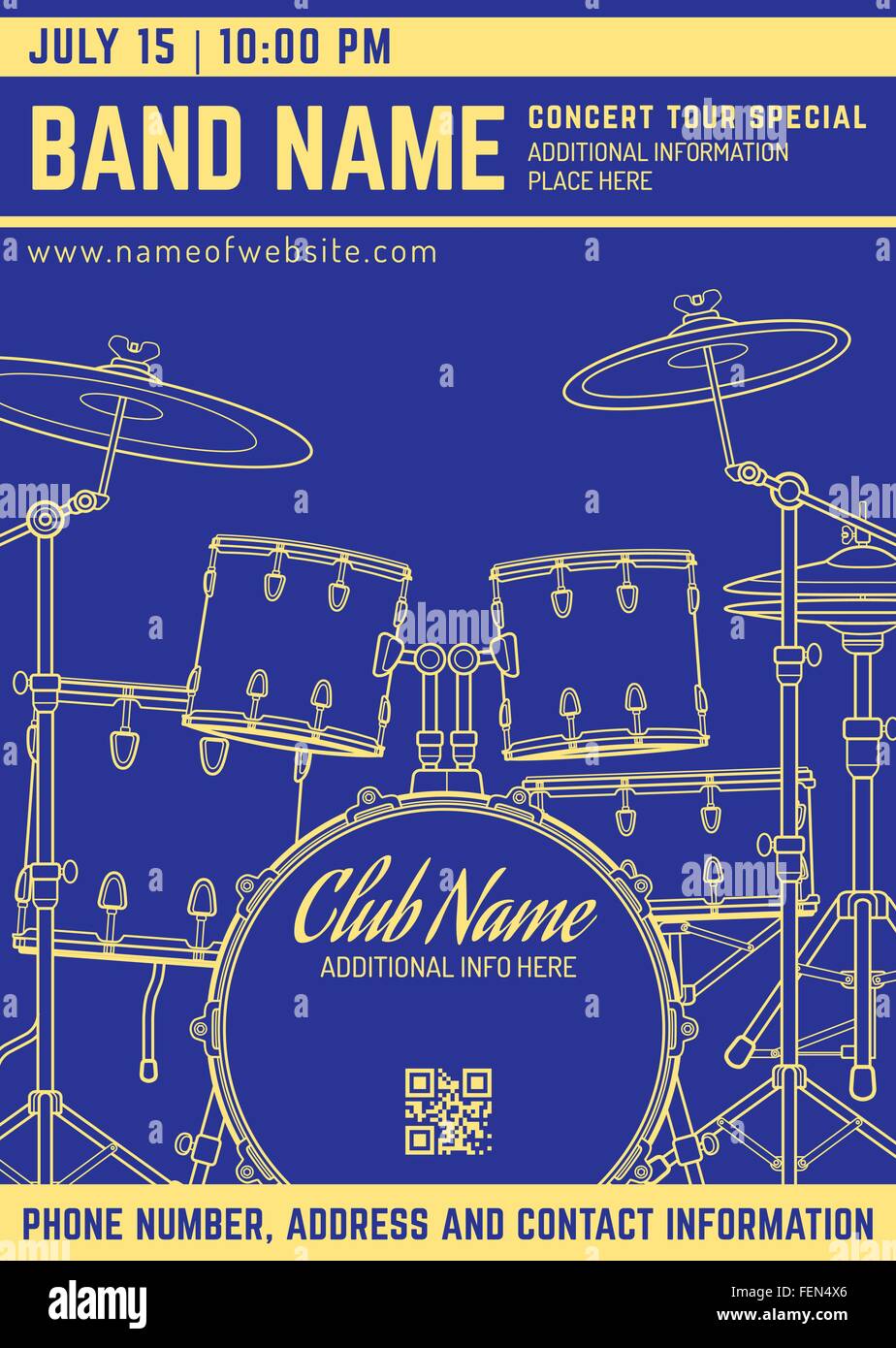 vector dark blue gold yellow rock music concert drum set flyer template ...
