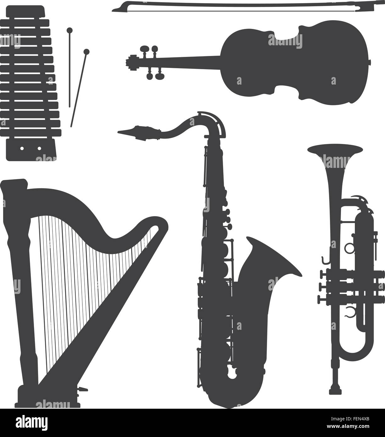 vector xylophone violin harp trumpet saxophone dark grey silhouettes ...