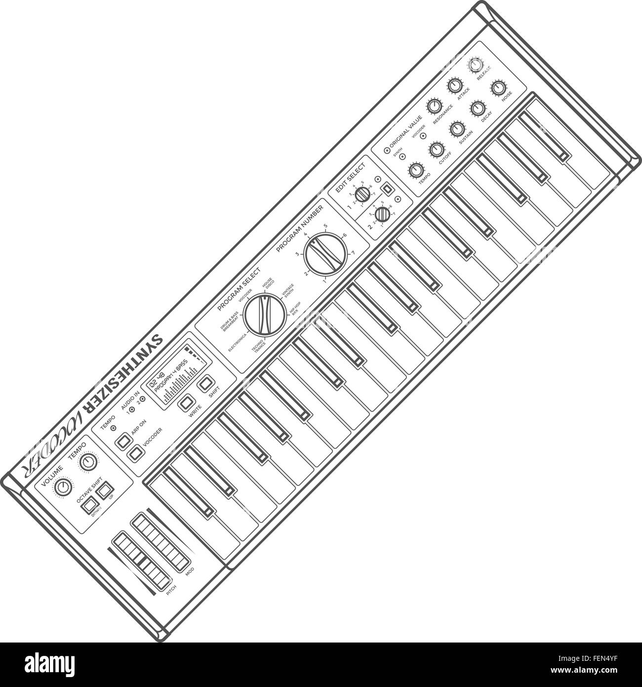 Vector Grey Color Outline Piano Roll Analog Synthesizer Faders Buttons Knobs Display White