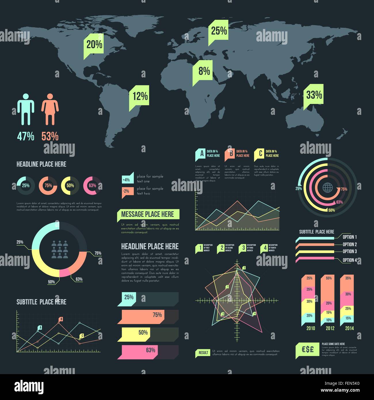 vector light vibrant color infographic design elements set map charts ...