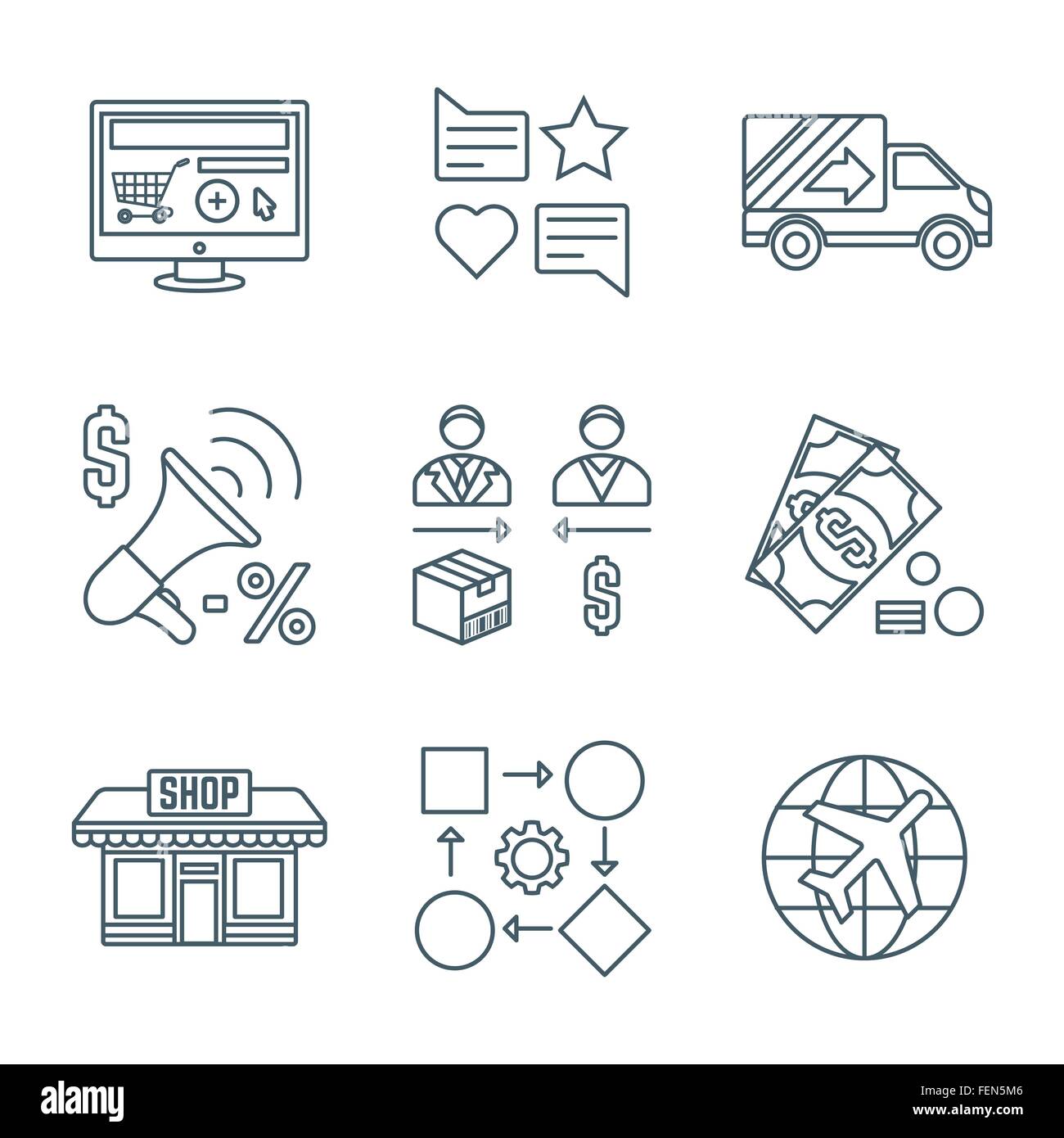 vector dark grey outline business distribution marketing process icons ...