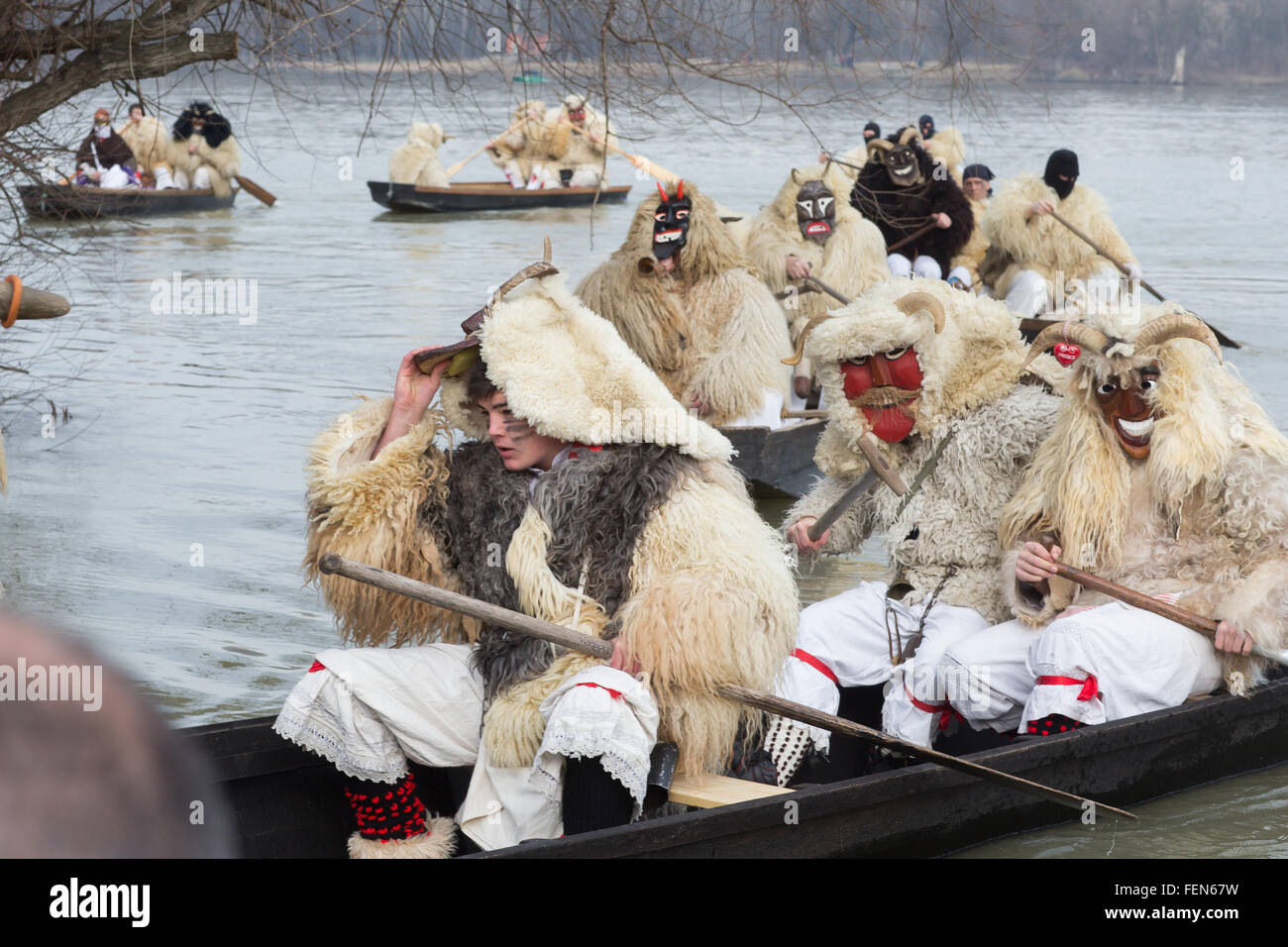 Mohacs, Hungary. 7th Feb, 2016. Masked busos (people wearing sheep fur ...