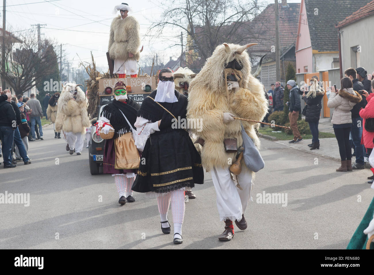 Mohacs, Hungary. 7th Feb, 2016. Masked busos (people wearing sheep fur ...