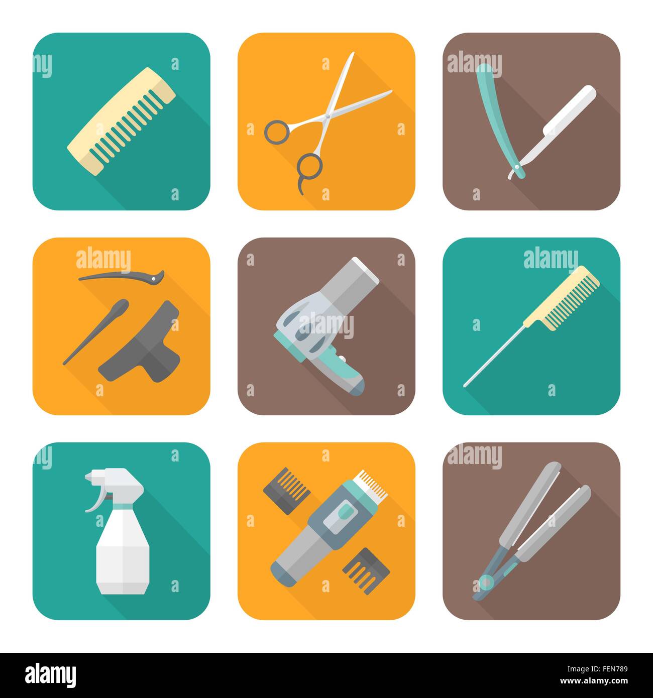vector hairdresser barber tools equipment colored flat design icons set ...
