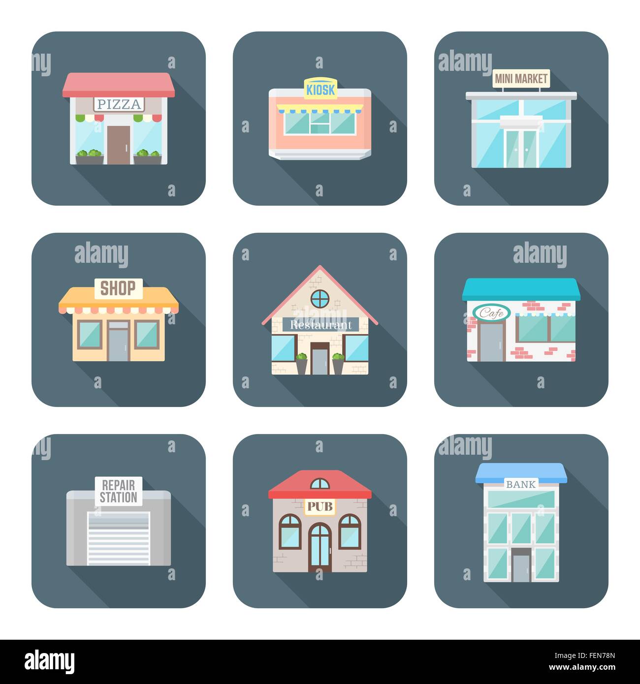 vector color flat design various buildings icons set long shadow Stock ...