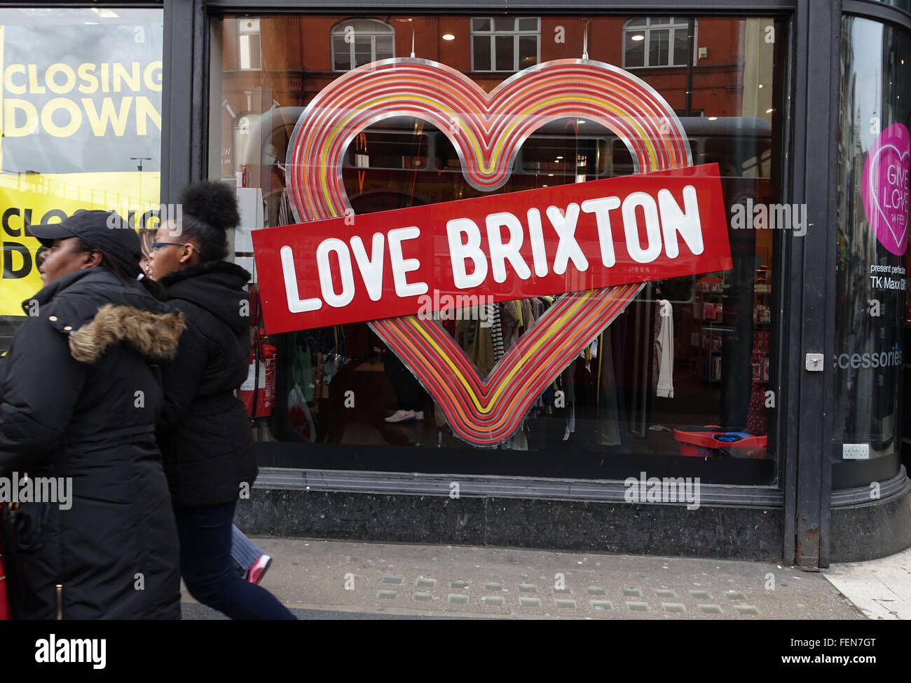 "Love Brixton" sign in Brixton shop window, Brixton, South London Stock ...