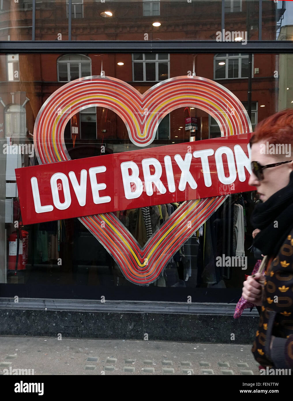 "Love Brixton" sign in Brixton shop window, Brixton, South London Stock ...