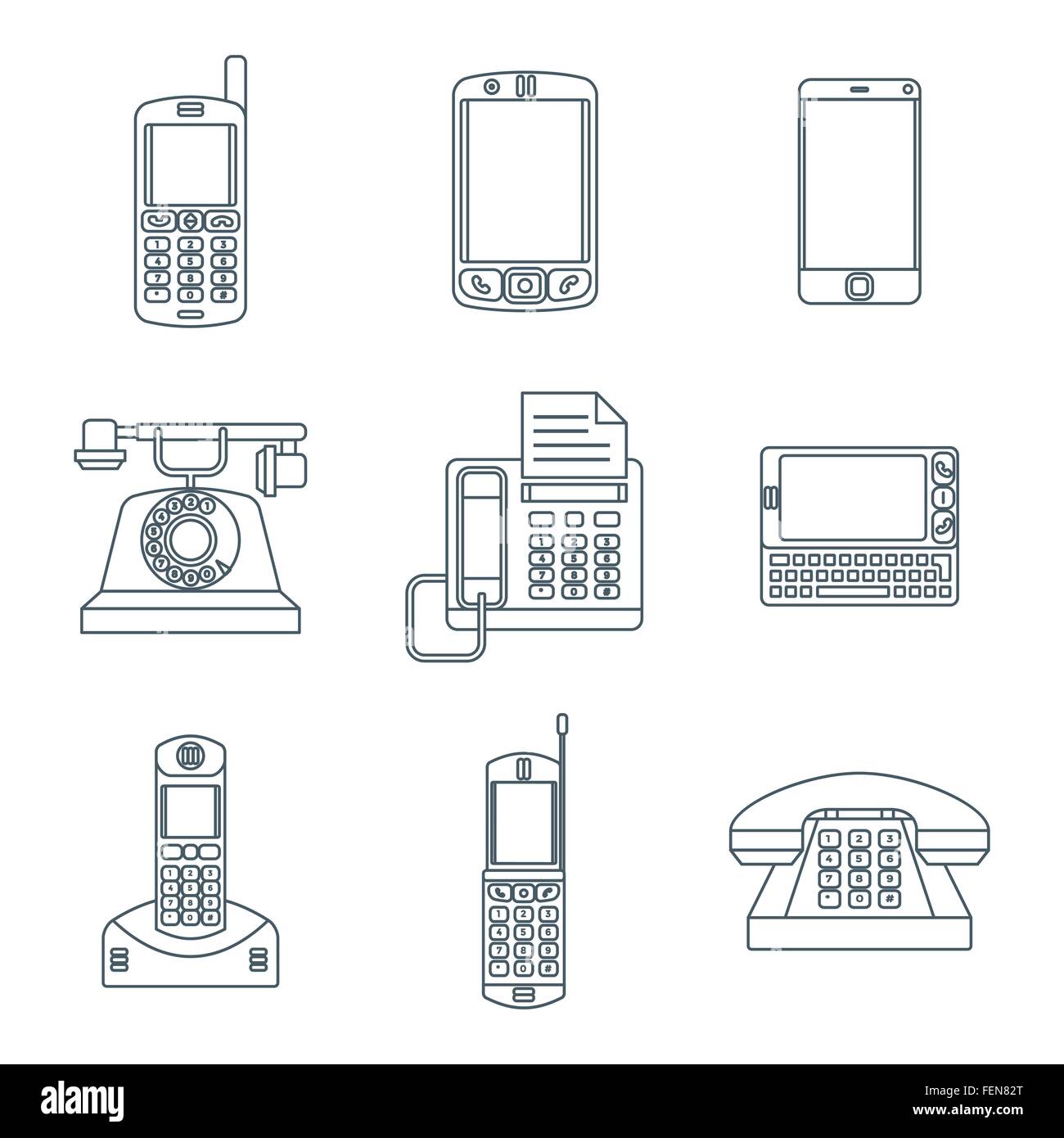 vector grey color outline various telephones gadgets devices icons set ...