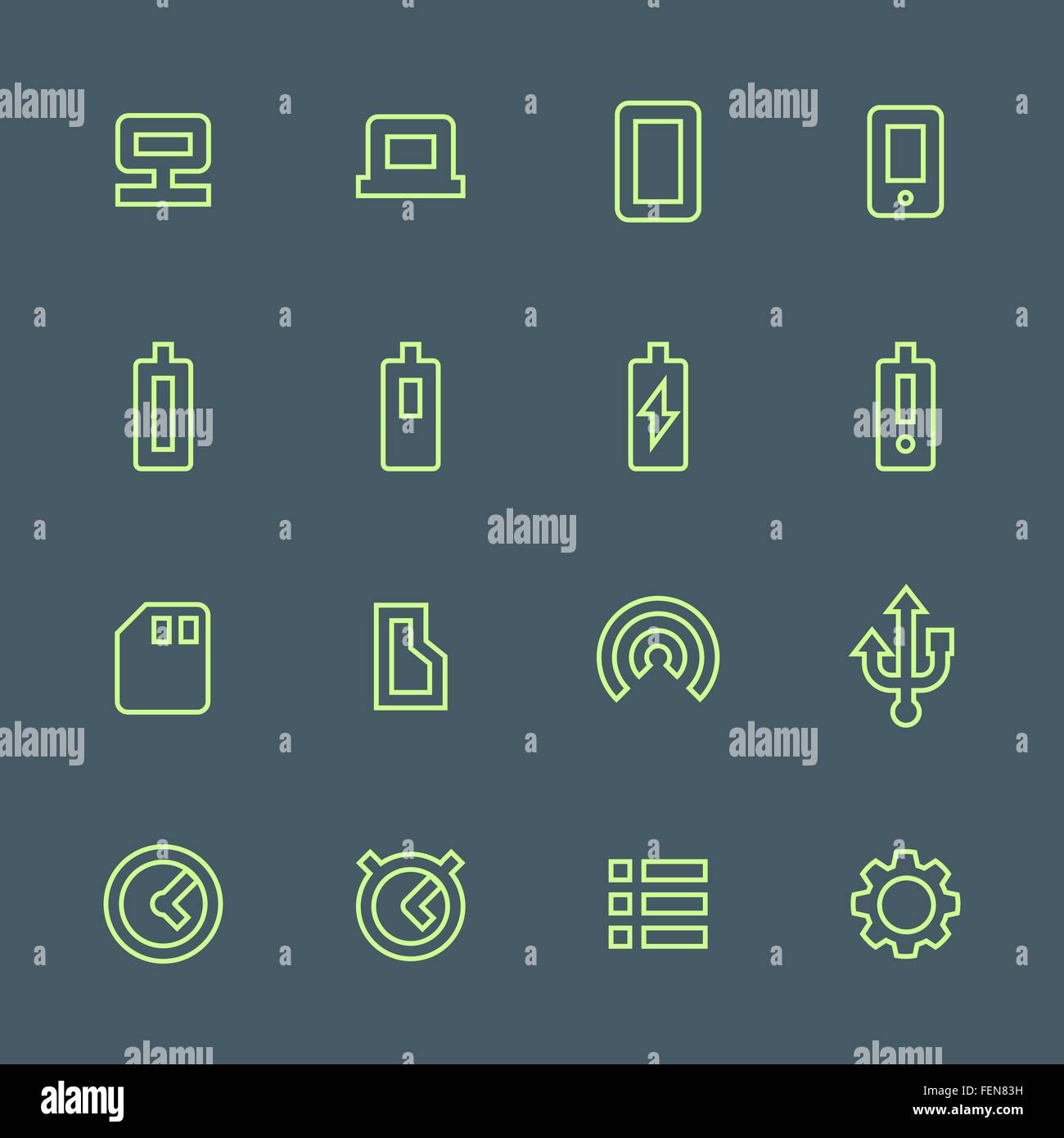 vector light green outline various device icons set on dark background ...