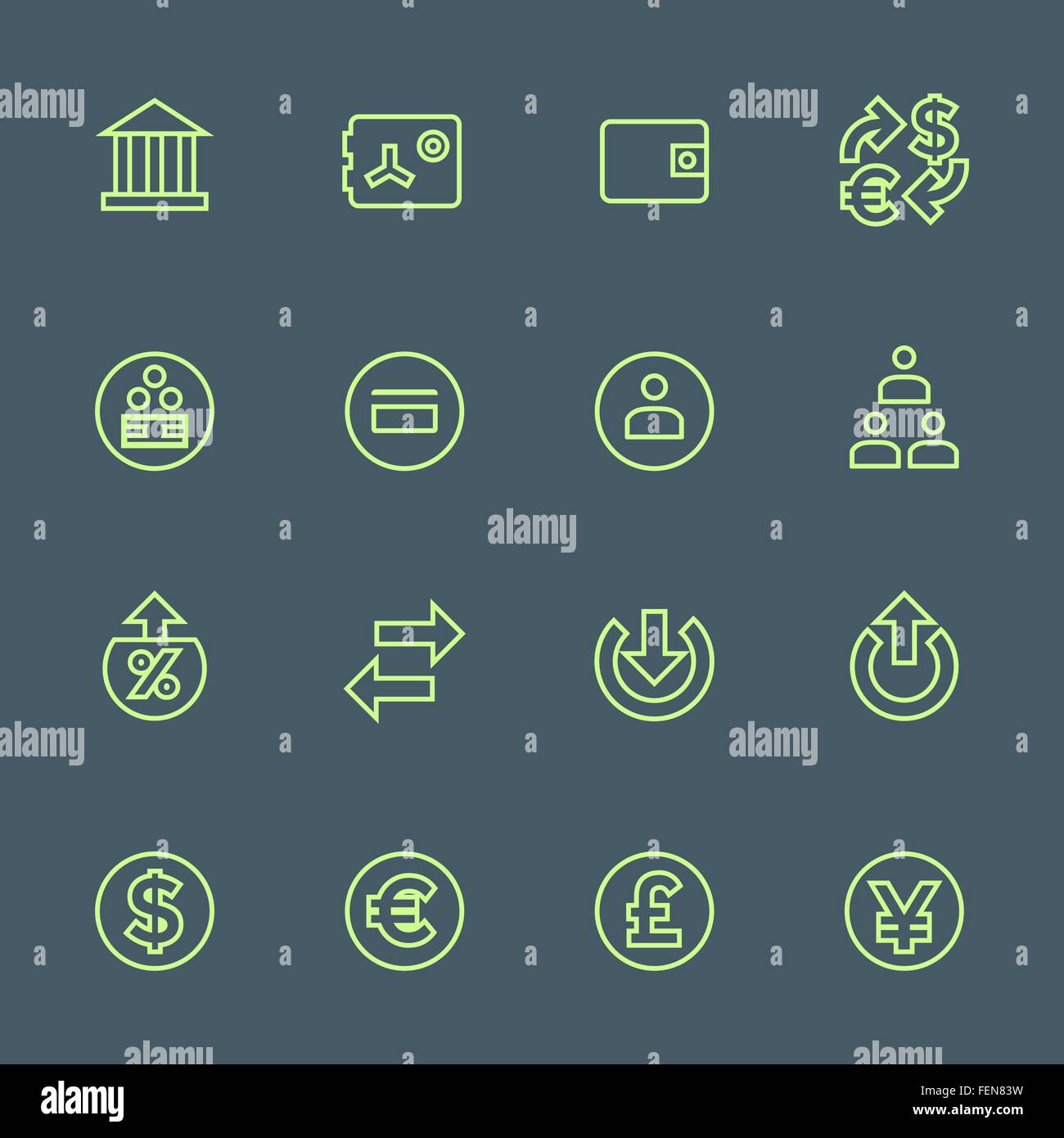 vector light green outline various financial banking icons set on dark ...