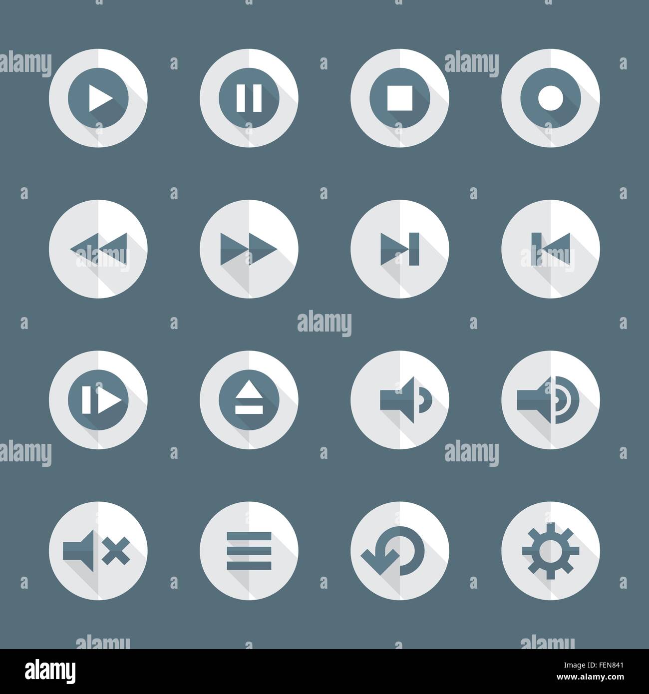vector dark gray white flat design round various media player icons set ...