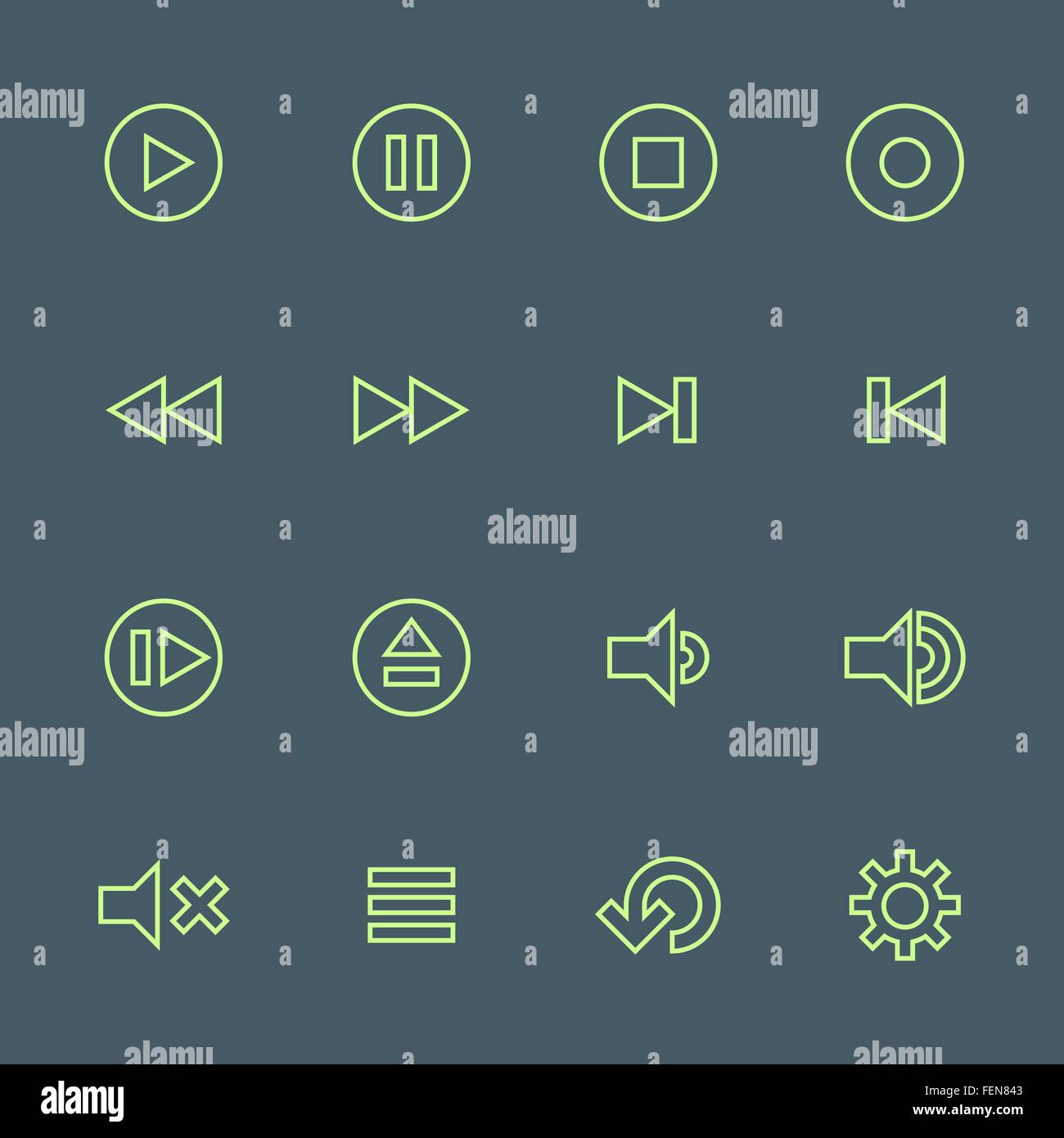 vector light green outline various media player icons set on dark ...
