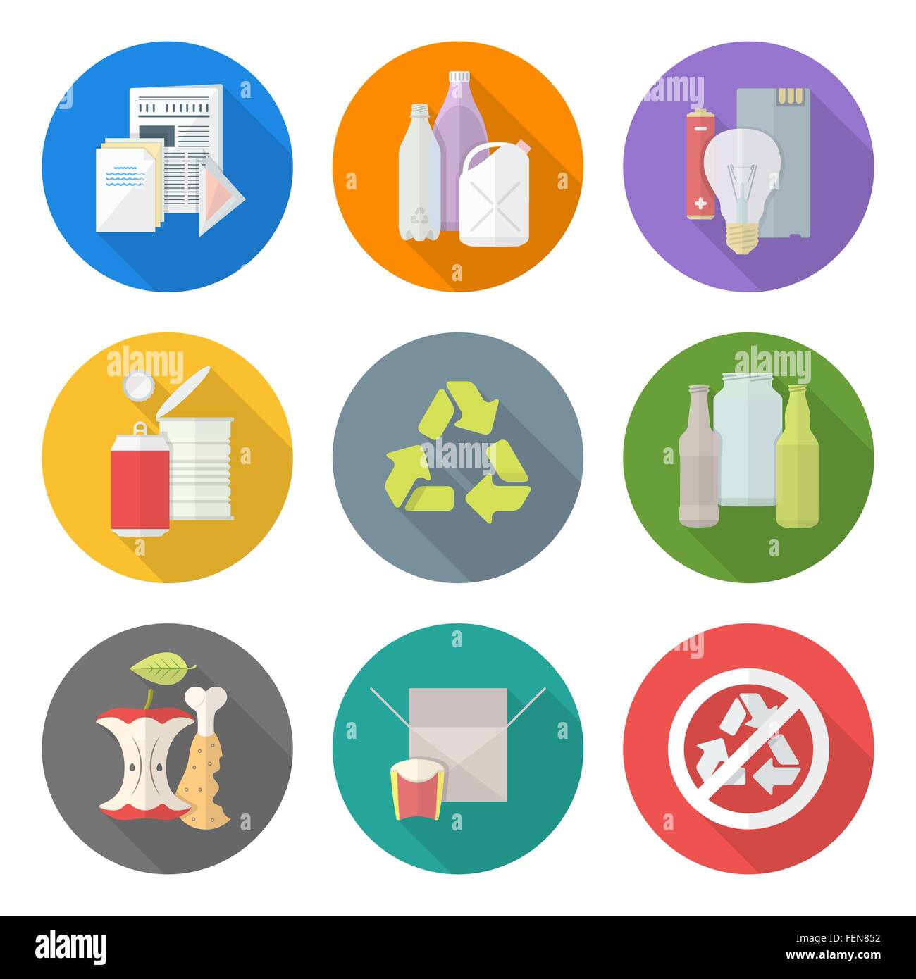 vector flat style various waste colored groups long shadow icons set ...