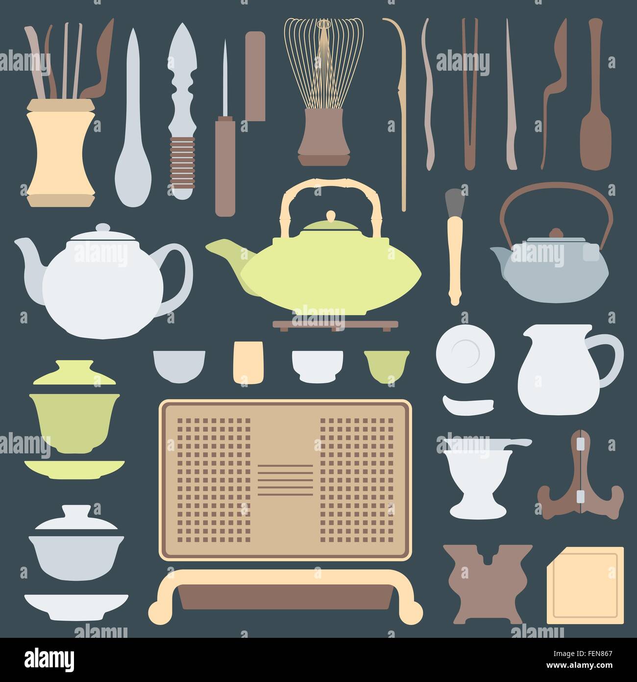 vector solid colors tea ceremony tools and equipment set Stock Vector ...