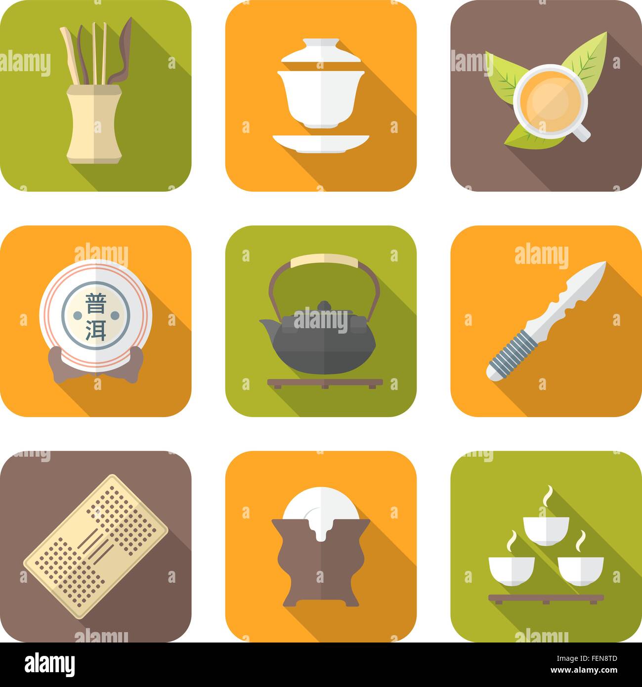 vector colored chinese tea ceremony equipment icons collection tools ...