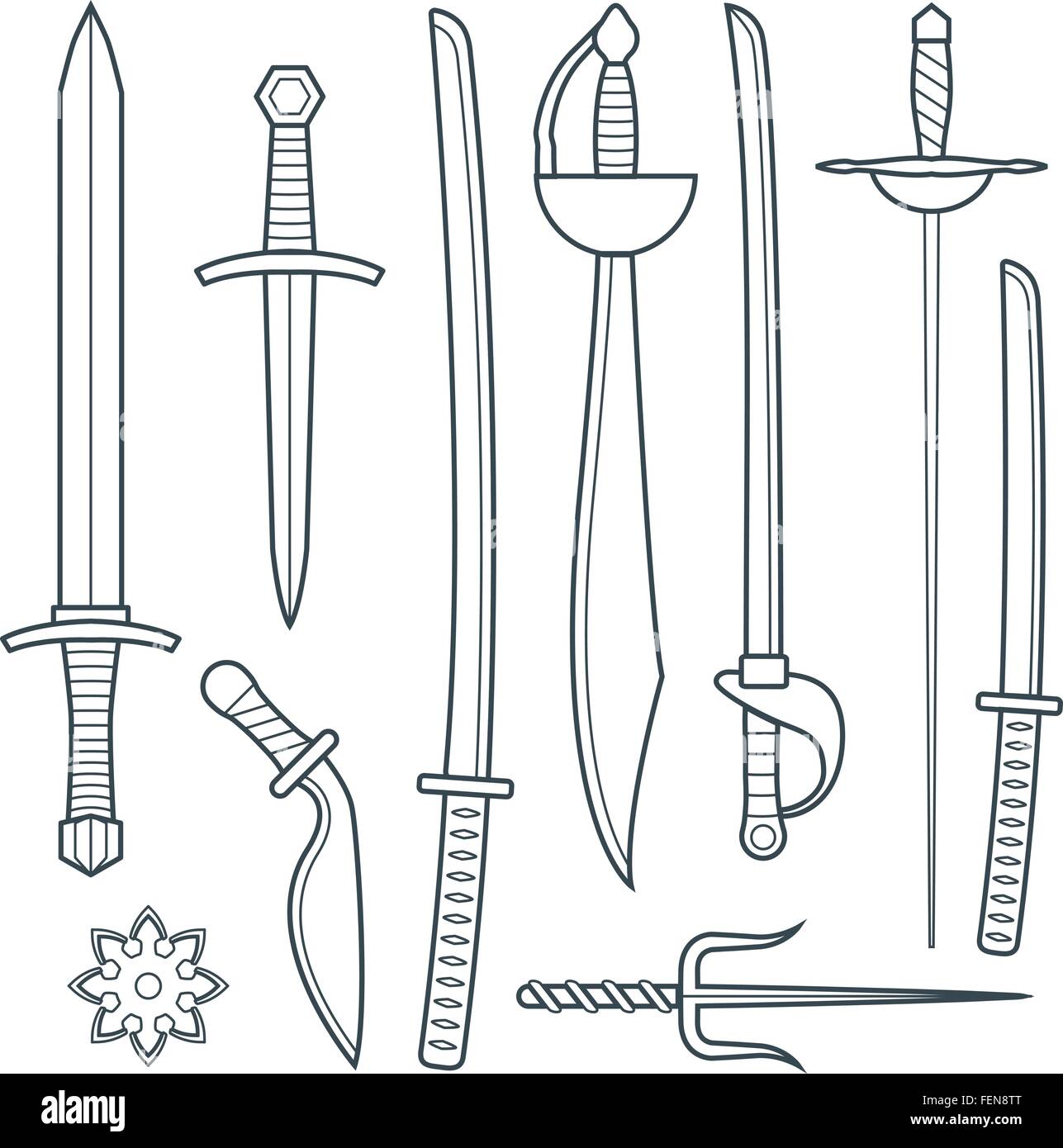 vector dark gray outline cold medieval weapons set with sword falchion glaive steel dagger dirk ...