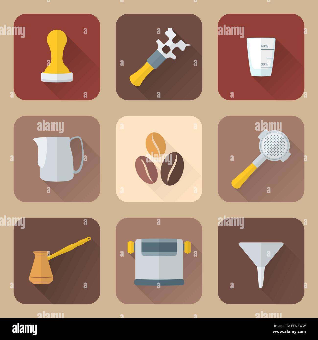 vector colored flat design coffee barista equipment icons set tools ...