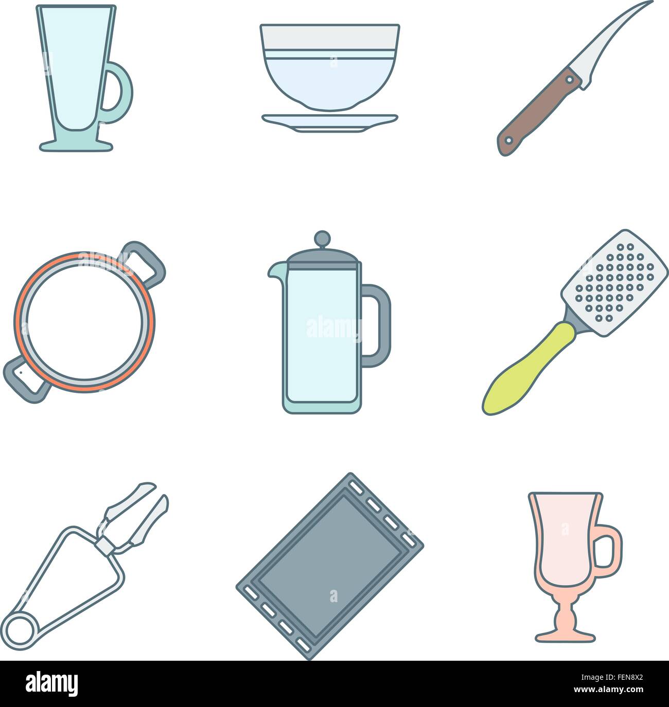 vector colored outline dinnerware tableware utensil icons mug, soup ...